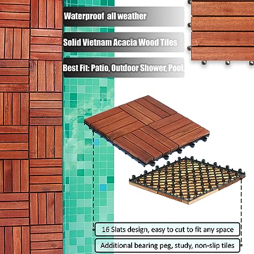 10 PCs Acacia Wood 12x12 inches, Interlocking Deck Tiles Outdoor All Weather, 12 Slats (Teak-9pcs)