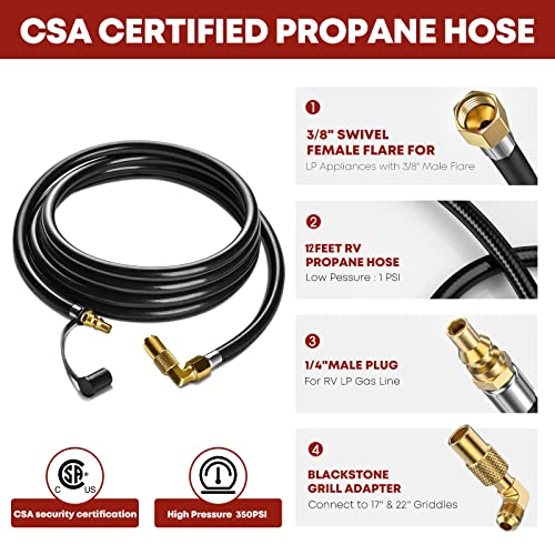 Improved Propane Quick Connect Hose, 12FT RV Propane Hose with Blackstone Propane Adapter, Quick Connect Propane Hose for Rv to Grill, Fit for Blackstone 22 Inch Griddle & 17β Blackstone Grill