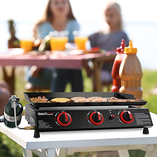 Royal Gourmet PD1303A 24-Inch 3-Burner Portable Tabletop Griddle, 24,000 BTU Propane Gas Grill Tabletop Usa for Patio, Deck, Backyard, Tailgating, Camping and Picnic, Black