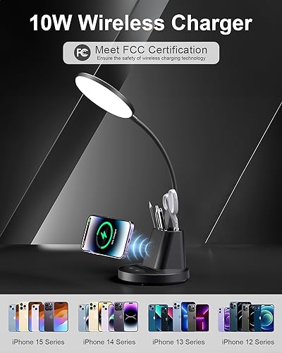 GOLSPARK Desk Lamp with Wireless Charger for Home Office, Eye-Caring Reading Lamp 3 Color Modes Stepless Dimming LED Desk Lamp, Touch Table Lamp with Pen Holder, CRI 90 AC Adapter Included