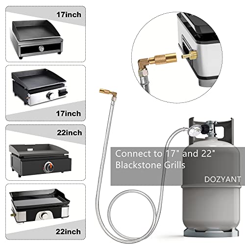 DOZYANT 6 Feet Braided Propane Regulator and Hose, QCC1 Universal Grill Regulator Replacement Parts with 90 Degree Elbow Adapter for Blackstone 17 inch and 22 inch Tabletop Griddle Grill