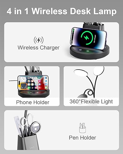 GOLSPARK Desk Lamp with Wireless Charger for Home Office, Eye-Caring Reading Lamp 3 Color Modes Stepless Dimming LED Desk Lamp, Touch Table Lamp with Pen Holder, CRI 90 AC Adapter Included