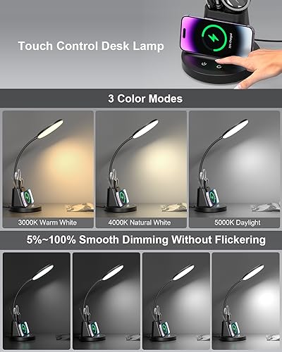 GOLSPARK Desk Lamp with Wireless Charger for Home Office, Eye-Caring Reading Lamp 3 Color Modes Stepless Dimming LED Desk Lamp, Touch Table Lamp with Pen Holder, CRI 90 AC Adapter Included