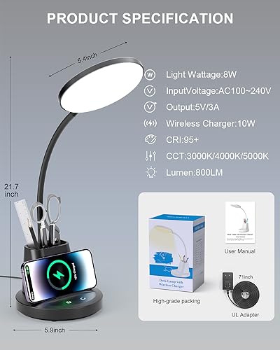 GOLSPARK Desk Lamp with Wireless Charger for Home Office, Eye-Caring Reading Lamp 3 Color Modes Stepless Dimming LED Desk Lamp, Touch Table Lamp with Pen Holder, CRI 90 AC Adapter Included
