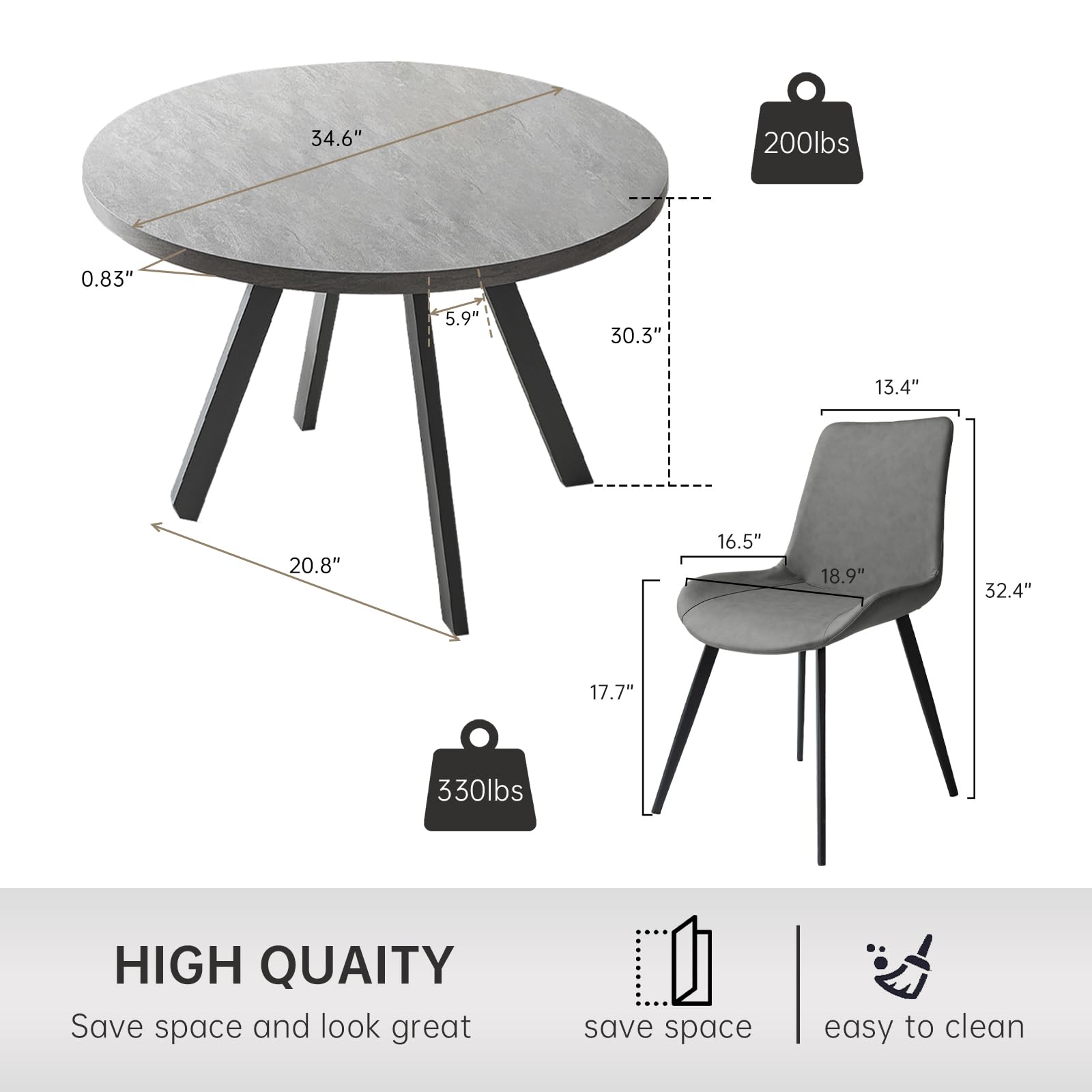 Zerifevni Round Dining Table Set, Mid Century Modern Small Round Dining Table Set, Saving Space (Table + 2 Grey Chairs)