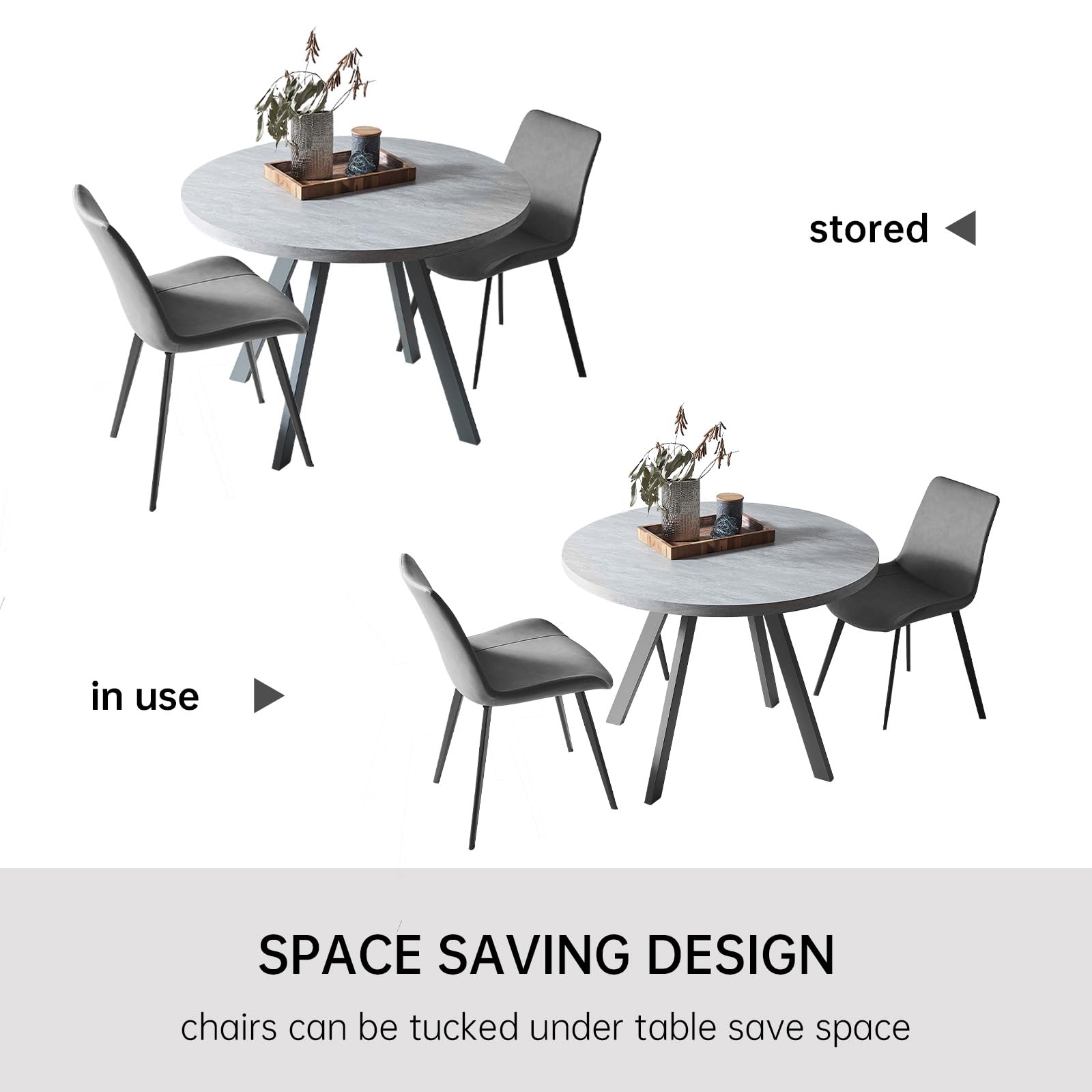 Zerifevni Round Dining Table Set, Mid Century Modern Small Round Dining Table Set, Saving Space (Table + 2 Grey Chairs)