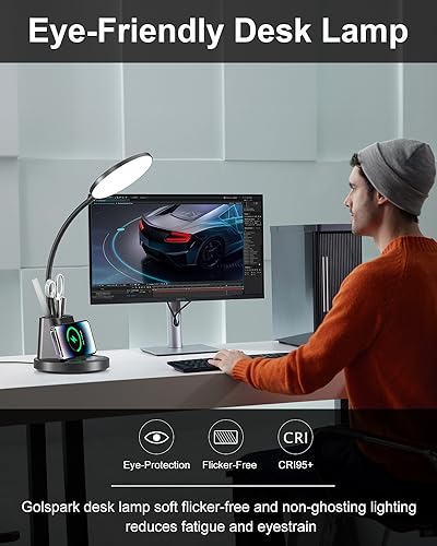 GOLSPARK Desk Lamp with Wireless Charger for Home Office, Eye-Caring Reading Lamp 3 Color Modes Stepless Dimming LED Desk Lamp, Touch Table Lamp with Pen Holder, CRI 90 AC Adapter Included