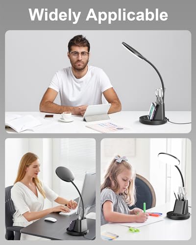 GOLSPARK Desk Lamp with Wireless Charger for Home Office, Eye-Caring Reading Lamp 3 Color Modes Stepless Dimming LED Desk Lamp, Touch Table Lamp with Pen Holder, CRI 90 AC Adapter Included