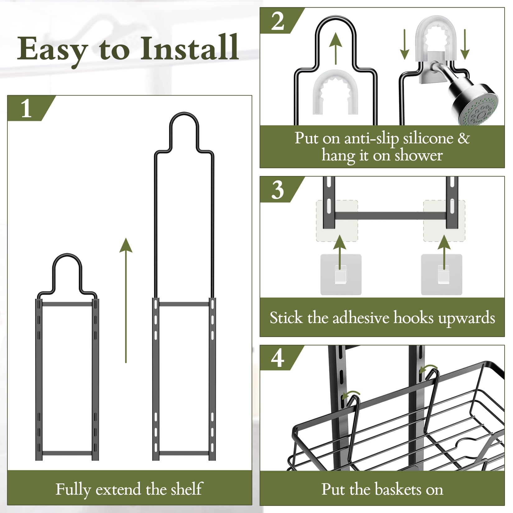 Skyapex Hanging Shower Caddy Over Showerhead, Extended Long Adjustable Bathroom Shower Organizer Hanging with 2 Soap Holders and 12 Hooks, Rustproof Large Capacity Shower Rack, Stainless Steel, Black