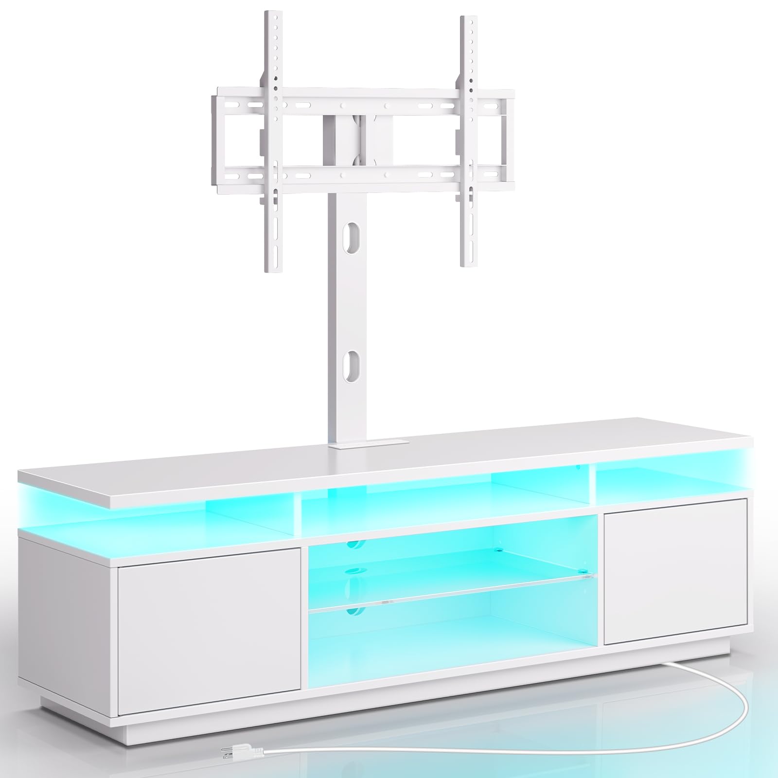 Rolanstar TV Stand with Mount and Power Outlet 51.2", Swivel TV Stand Mount for 32/45/55/60/65/70 inch TVs, Height Adjustable Modern Entertainment Center with Storage & LED Lights, TV Table White