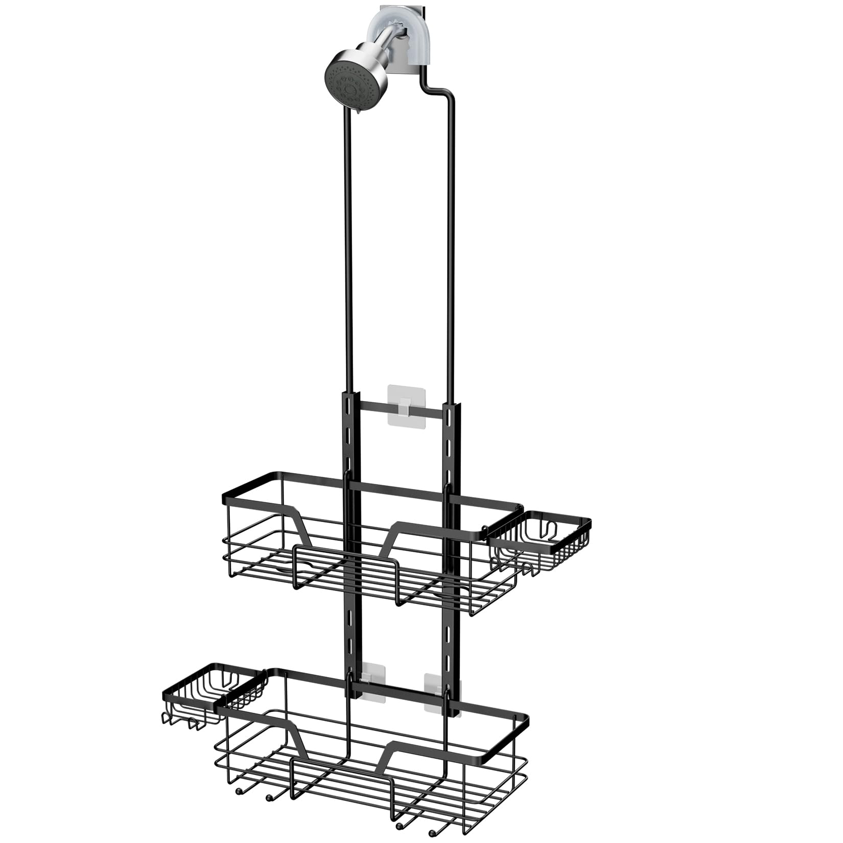 Skyapex Hanging Shower Caddy Over Showerhead, Extended Long Adjustable Bathroom Shower Organizer Hanging with 2 Soap Holders and 12 Hooks, Rustproof Large Capacity Shower Rack, Stainless Steel, Black