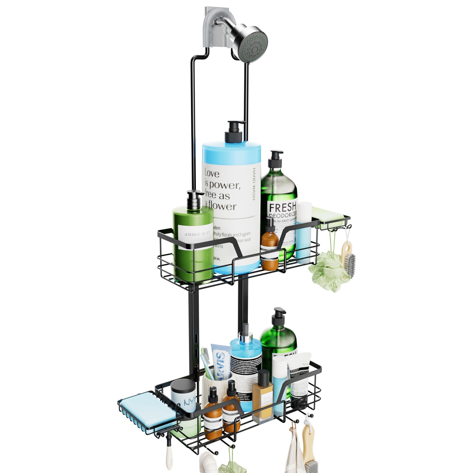 Skyapex Hanging Shower Caddy Over Showerhead, Extended Long Adjustable Bathroom Shower Organizer Hanging with 2 Soap Holders and 12 Hooks, Rustproof Large Capacity Shower Rack, Stainless Steel, Black