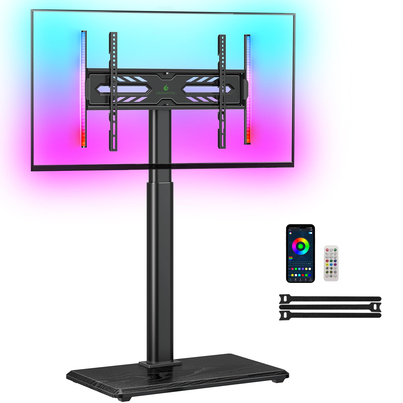Greenstell TV Stand with LED Lights, Floor TV Stand for 32-70 inch TVs, Height Adjustable, Swivel Tall TV Stand, Eye Protection, Holds up to 110 Lbs, Max VESA 600x400mm