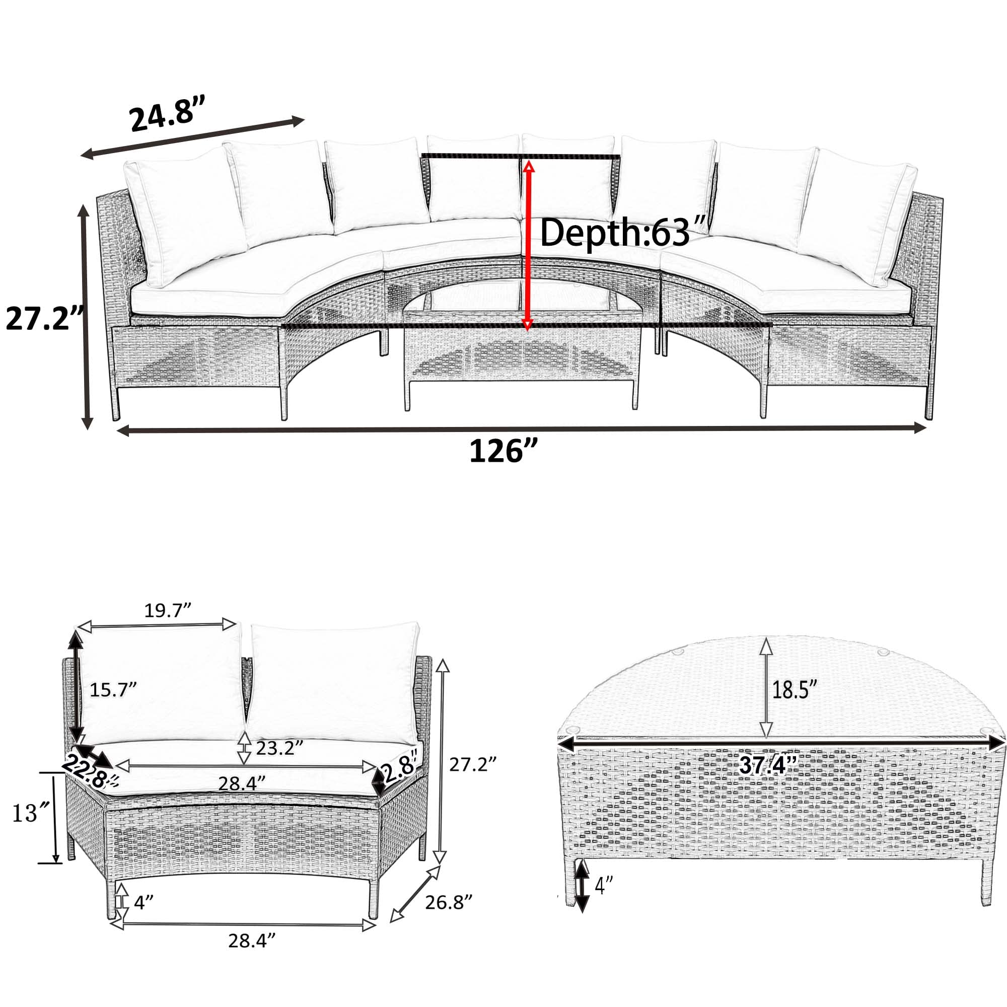 OPTOUGH 5-Piece All Weather Brown PE Rattan Wicker Half-Moon Sofa Set Outdoor Patio Sectional Furniture with Tempered Glass Table, Gray