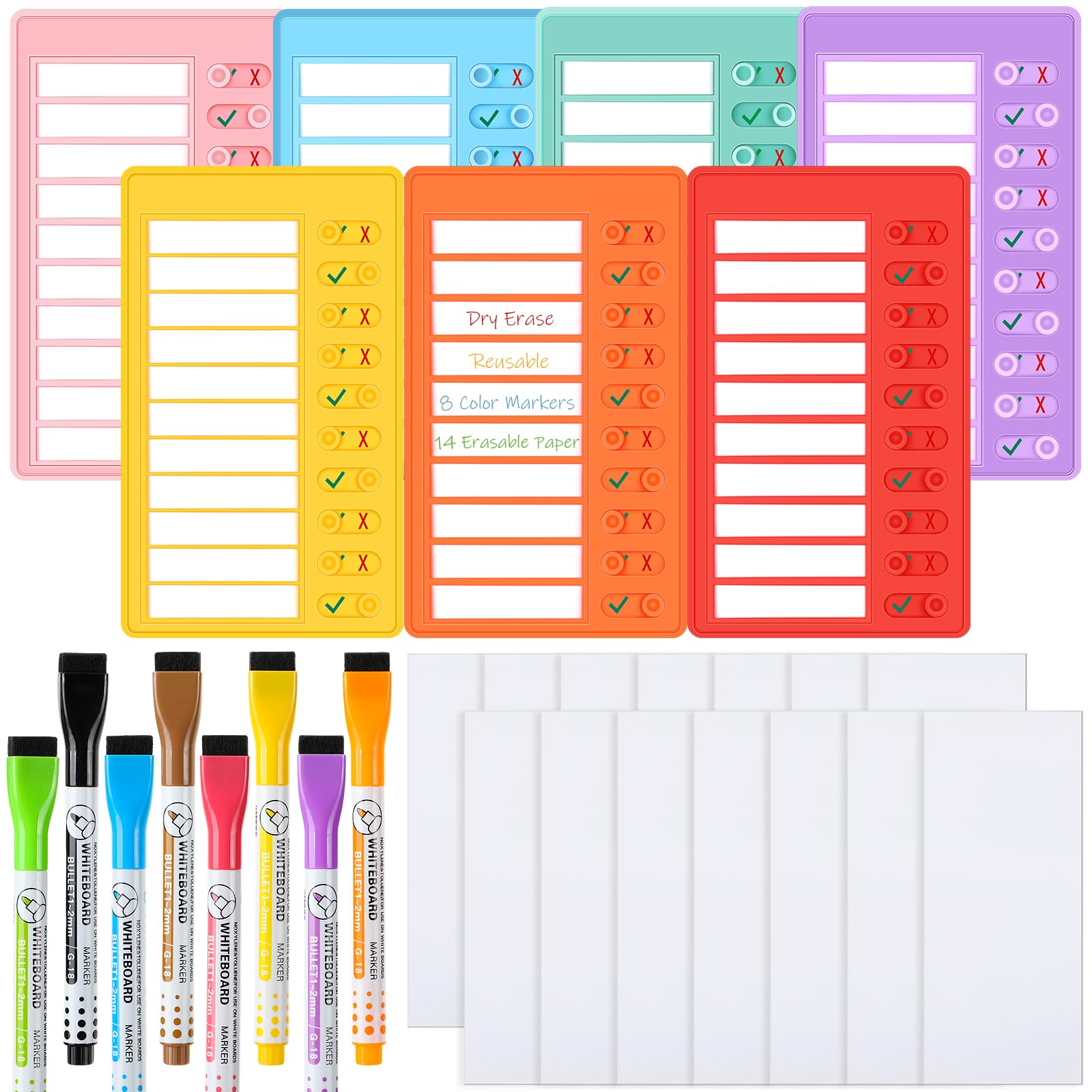 Qilery 7 Pcs Chore Chart for Kids Multiple Kids Dry Erase Checklist Board Colorful My Chore Checklist to Do List Plastic Detachable Schedule with 8 Markers 14 Erasable Paper for Home Routine Planning