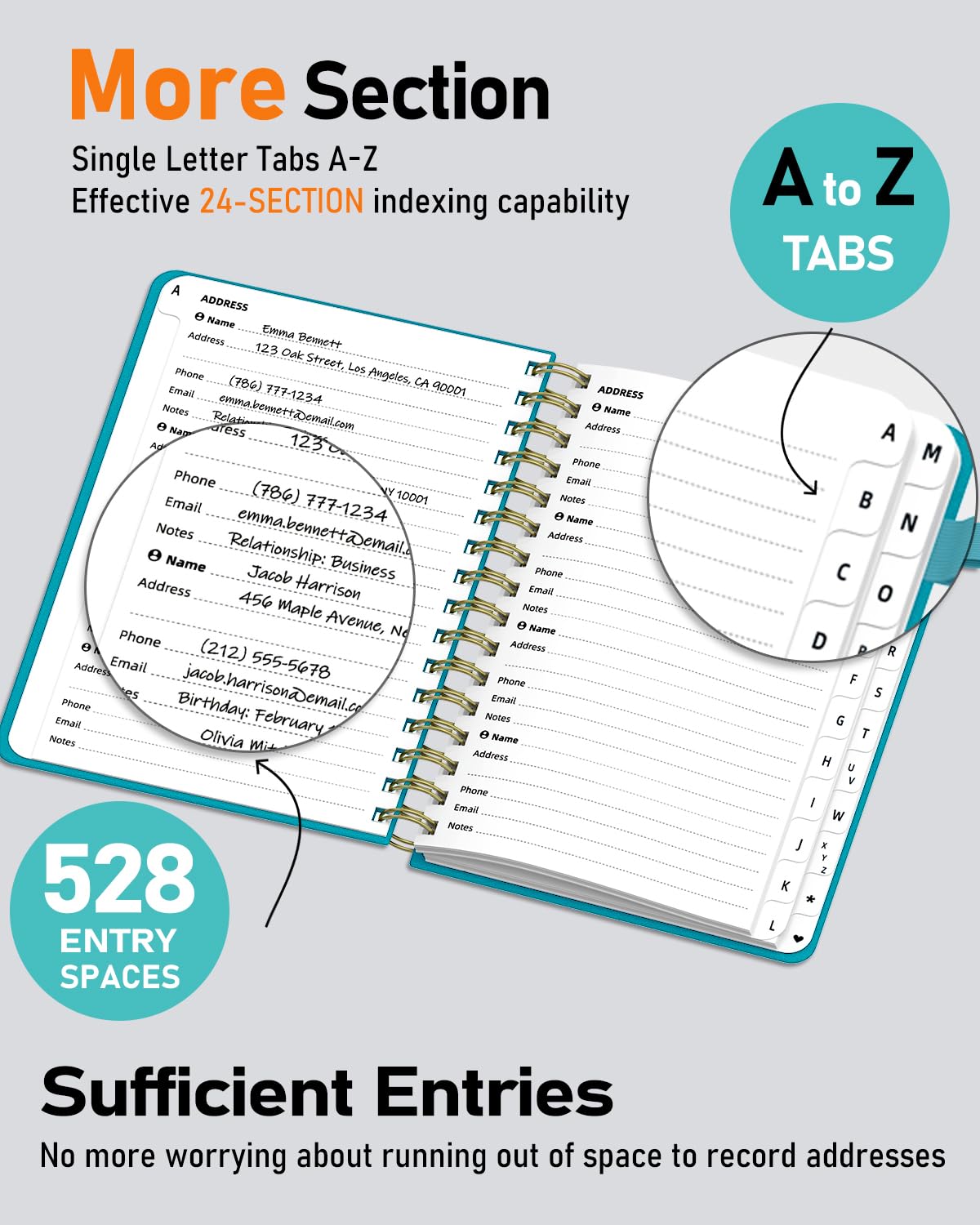 WEMATE Spiral Address Book with Alphabetical Tabs, Leather Password Book, Address Organizer Telephone Notebook Journal Keep Contact Safe Hardcover Large Print for Seniors Home Office 5.8″×8.2″, Green