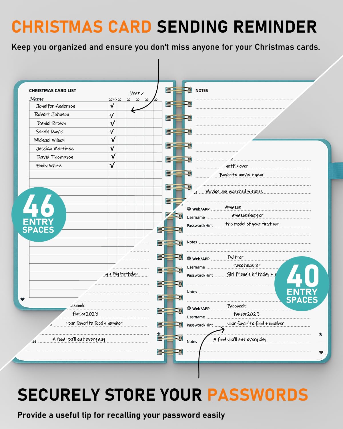 WEMATE Spiral Address Book with Alphabetical Tabs, Leather Password Book, Address Organizer Telephone Notebook Journal Keep Contact Safe Hardcover Large Print for Seniors Home Office 5.8″×8.2″, Green