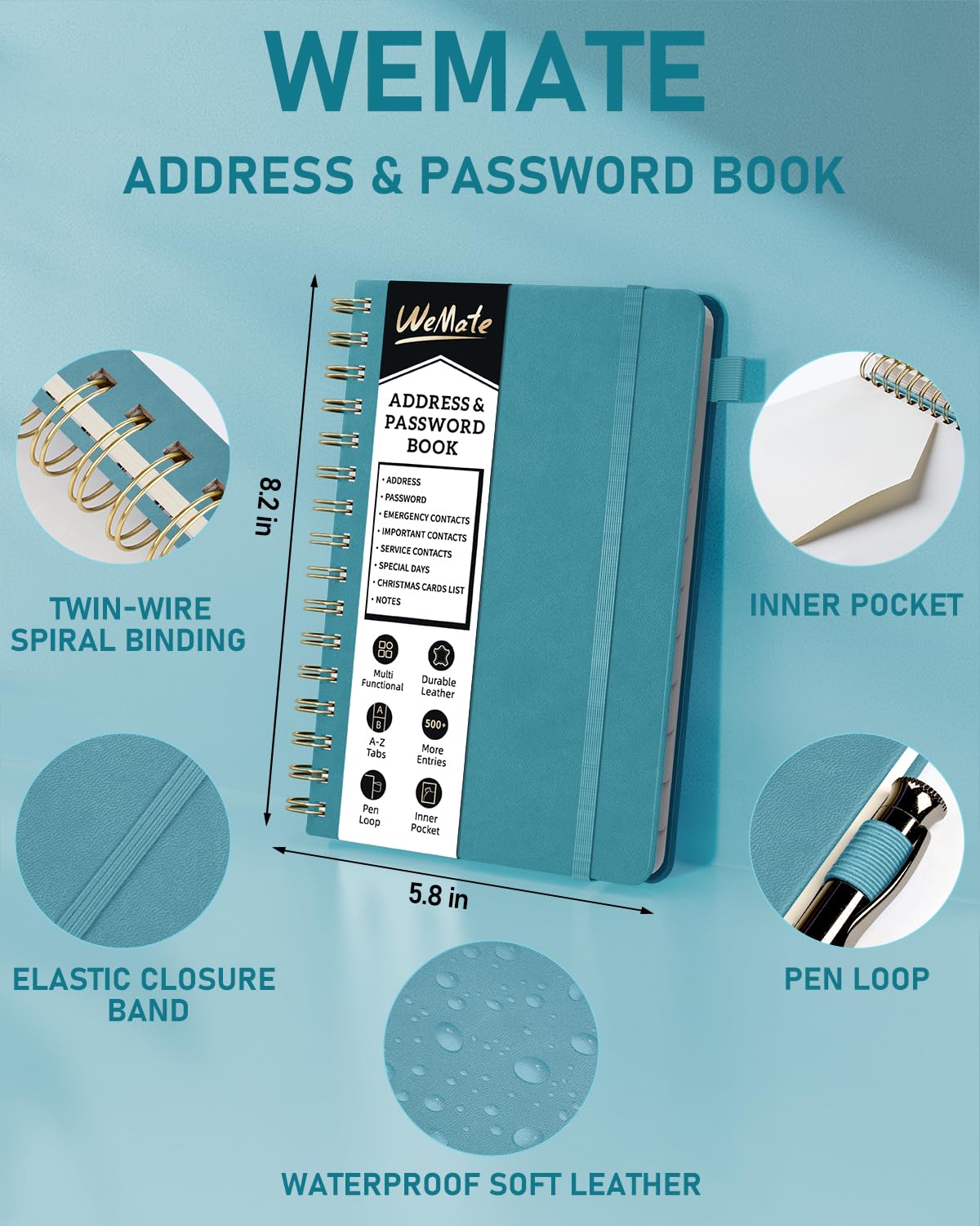 WEMATE Spiral Address Book with Alphabetical Tabs, Leather Password Book, Address Organizer Telephone Notebook Journal Keep Contact Safe Hardcover Large Print for Seniors Home Office 5.8″×8.2″, Green