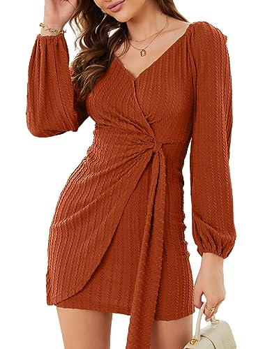 Dokotoo Dresses for Women 2023 Wrap V Neck Long Sleeve Asymmetrical Ribbed Knit Tie Waist Casual Slim Fit Mini Party Wedding Guest Bodycon Sweater Dress Fall Fashion Clothes Red Large