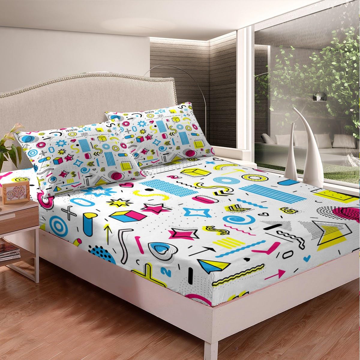 Erosebridal 80's Memphis Style Fitted Sheet Full Size Hipster Retro Bed Sheets 70s and 90s Hip Hop Funny Bed Set Math Themed Bedding Set Geometry Stripes Print Bedding Memphis Home Decor