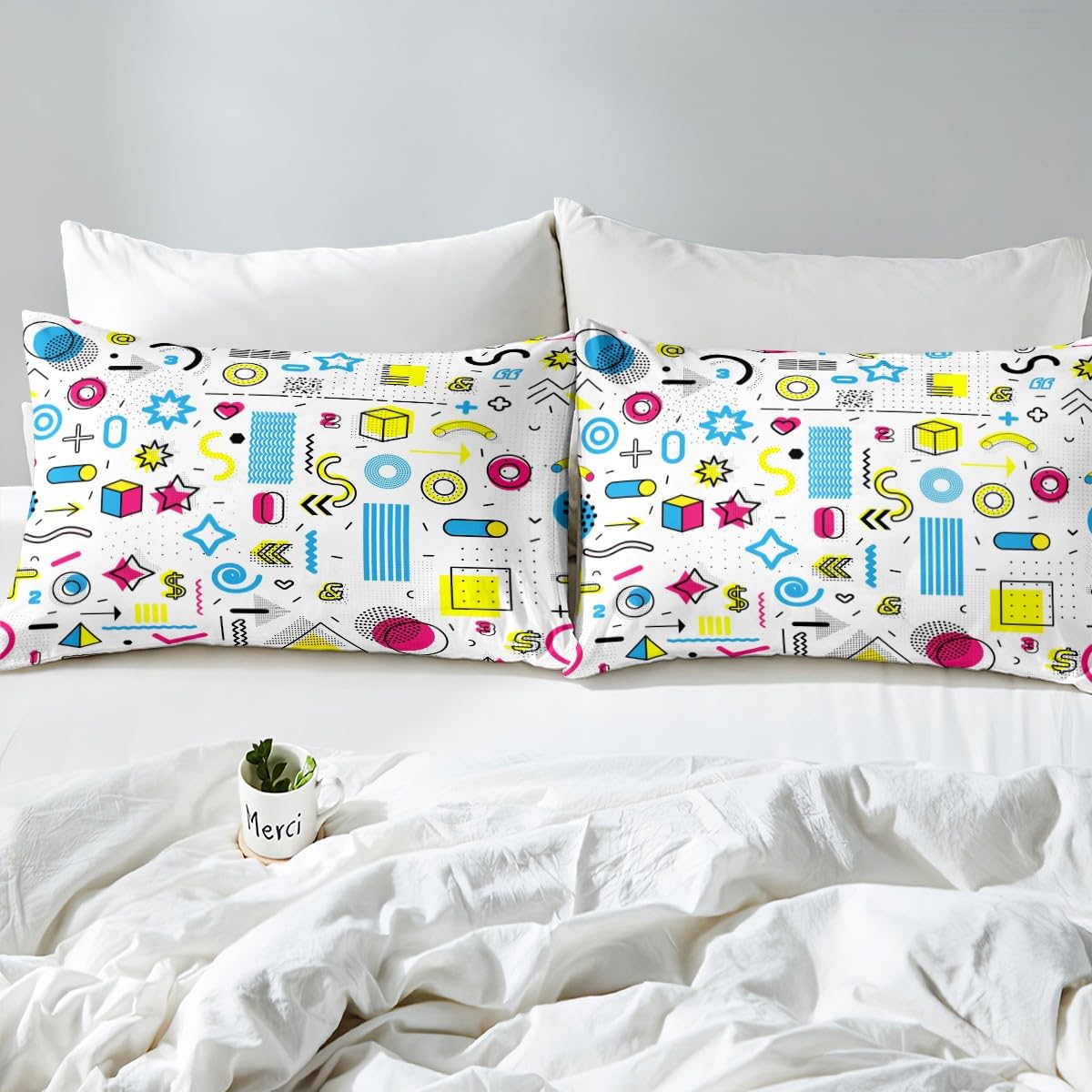 Erosebridal 80's Memphis Style Fitted Sheet Full Size Hipster Retro Bed Sheets 70s and 90s Hip Hop Funny Bed Set Math Themed Bedding Set Geometry Stripes Print Bedding Memphis Home Decor