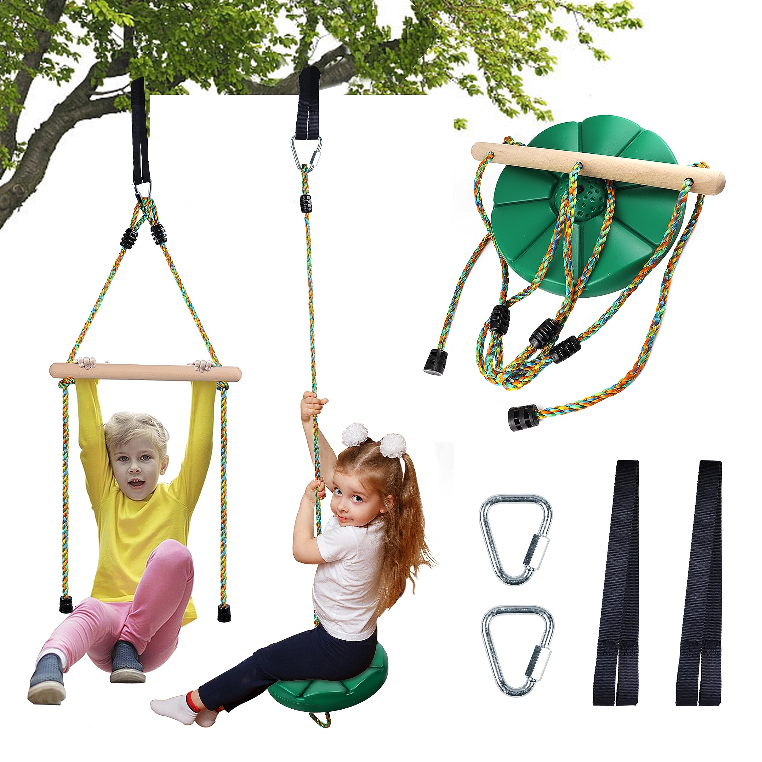 Swing for Kids Disc Swing Tree Swing Set Accessories Rope Swing Adjustable Swing Set with Monkey Bars 1 Carabiner 2 Added Hanging Straps, 3 in 1 Heavy Duty Swingset for Zipline Outdoor Backyard