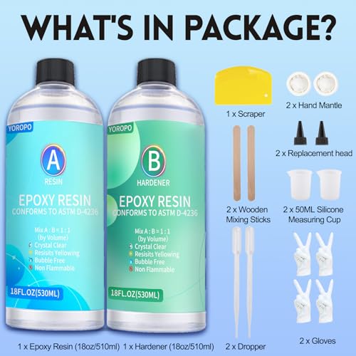 Epoxy Resin Crystal Clear, 36oz Epoxy Resin kit, Yellowing Resistant Fast Curing Self-Leveling for Casting Coating Art DIY Craft Jewelry Molds Wood Table - 2 Part 1:1 Ratio(18oz Resin&18oz Hardener)