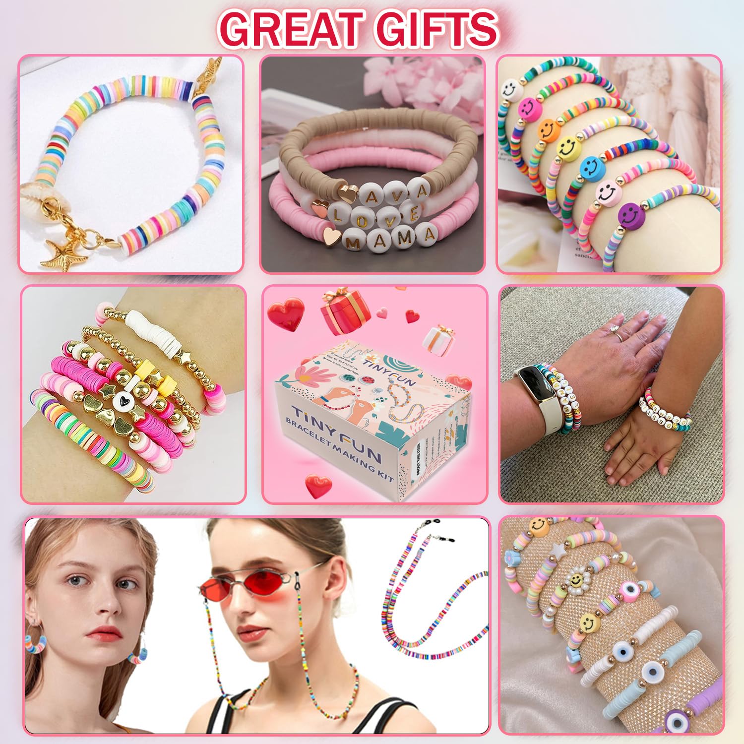 TINY FUN 6 Boxes 16800pcs 72 Colors Clay Beads and 48 Colors Glass Seed Beads for Friendship Bracelets Making Kit Heishi Beads with Letters Beads