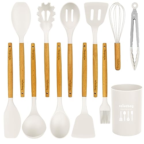 Veluebay Cooking Utensils Set, 12 Pcs Kitchen Utensils Set Silicone, Silicone Spatula For Cooking, Wooden Cooking Utensils, Silicone Utensils For Cooking, Kitchen Cooking Utensils Set (white)