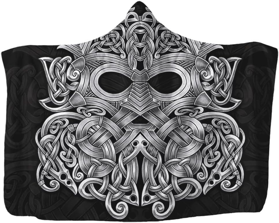 Viking 3D Printed Hooded Blanket Warm Soft Odin Vacanute Celtic Knot Rune Unisex Winter Wearable Hooded Blanket Double Thick Plush Fleece Blanket Cape ( Color : Blanket , Size : 80x60in/150x200cm )