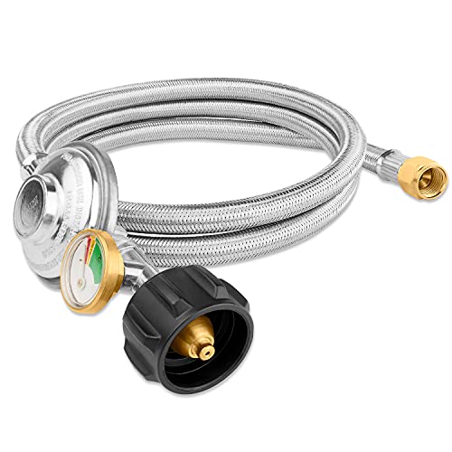 MONKKIGO 5FT Propane Regulator with Hose, Stainless Steel Braided Propane Gas Regulators and Gauges for Most LP Gas Grill, Heater and Fire Pit Table