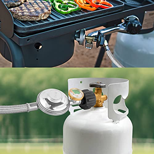MONKKIGO 5FT Propane Regulator with Hose, Stainless Steel Braided Propane Gas Regulators and Gauges for Most LP Gas Grill, Heater and Fire Pit Table