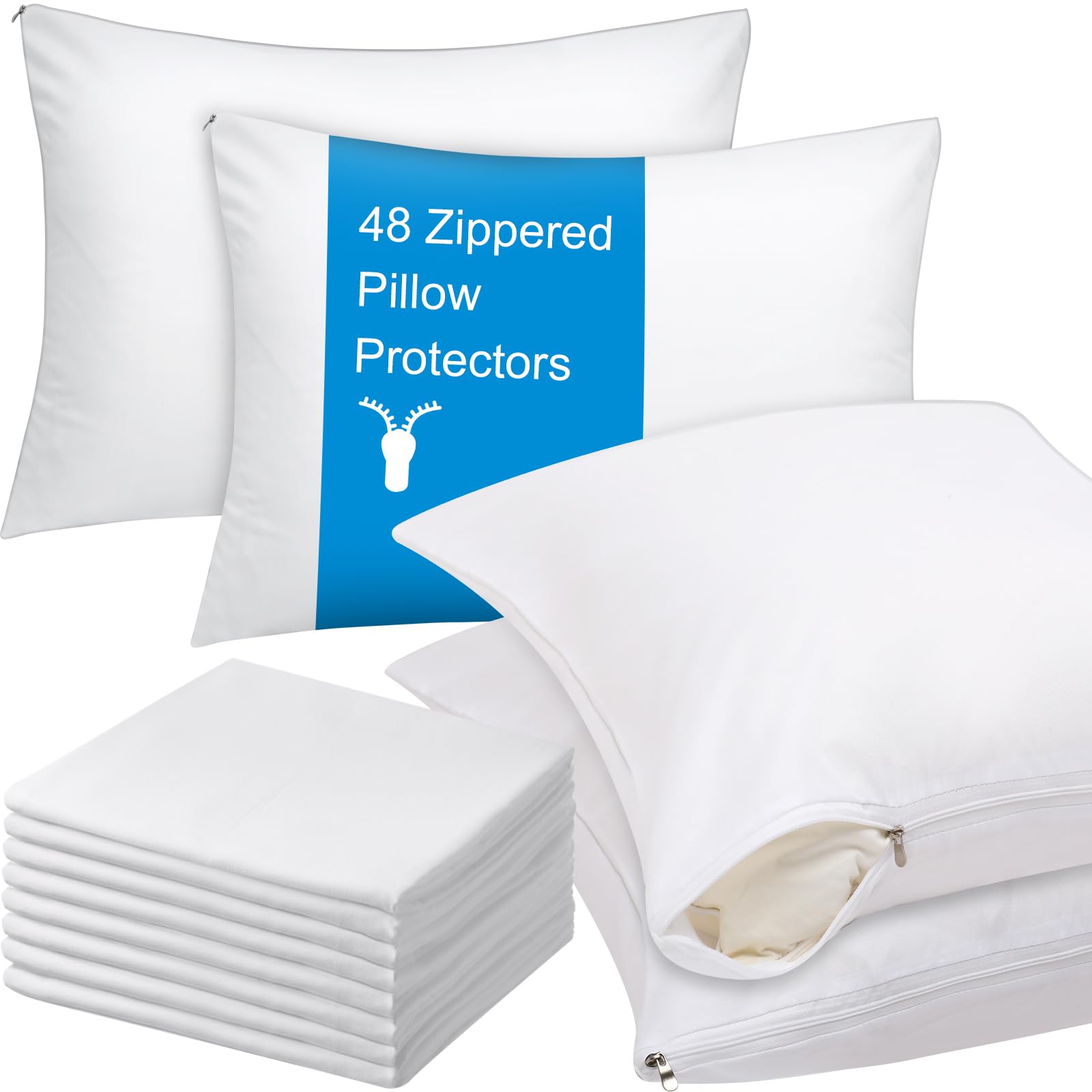 Shimeyao 24 Pcs Zippered Pillow Protectors Bulk Standard Bedding Pillow Cases Soft Breathable Cotton Sateen Dust Protection Covers White Cases for Home Hotel Rental (20 x 26 Inch)