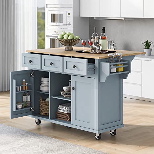 FRANSOUL Store Kitchen Cart, with Rubber Wood Drop-Leaf Countertop,Cabinet Door Internal Storage Racks, Kitchen Island on 5 Wheels, with Storage Cabinet and 3 Drawers, for Dining Room - Grey Blue