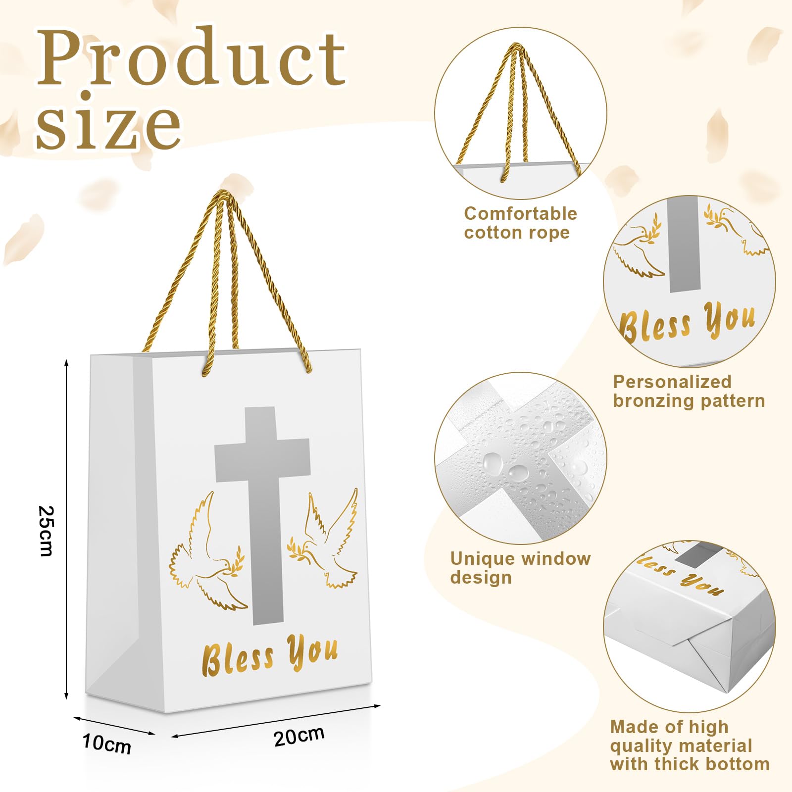 Fulmoon 50 Pack 10 Inch White Cross Gift Bag Bulk Church God Bless Bags with Handles Religious Baptism Gift Favors for First Communions Confirmation Weddings Clergy Day Easter Christenings