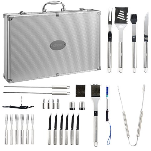 30 Piece BBQ Grilling Gift Set - Professional Grade Stainless Steel Barbecue Grill Tool Set with Aluminum Storage Case - Includes 4-in-1 Spatula Turner, Tongs and Many Other BBQ Grilling Accessories
