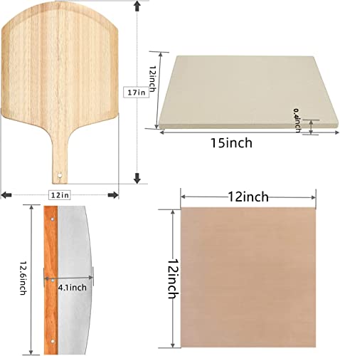 4 PCS Rectangle Pizza Stone Set, 15" Large Pizza Stone for Oven and Grill with Pizza Peel(OAK), Pizza Cutter & 10pcs Cooking Paper for Free, Baking Stone for Pizza, Bread