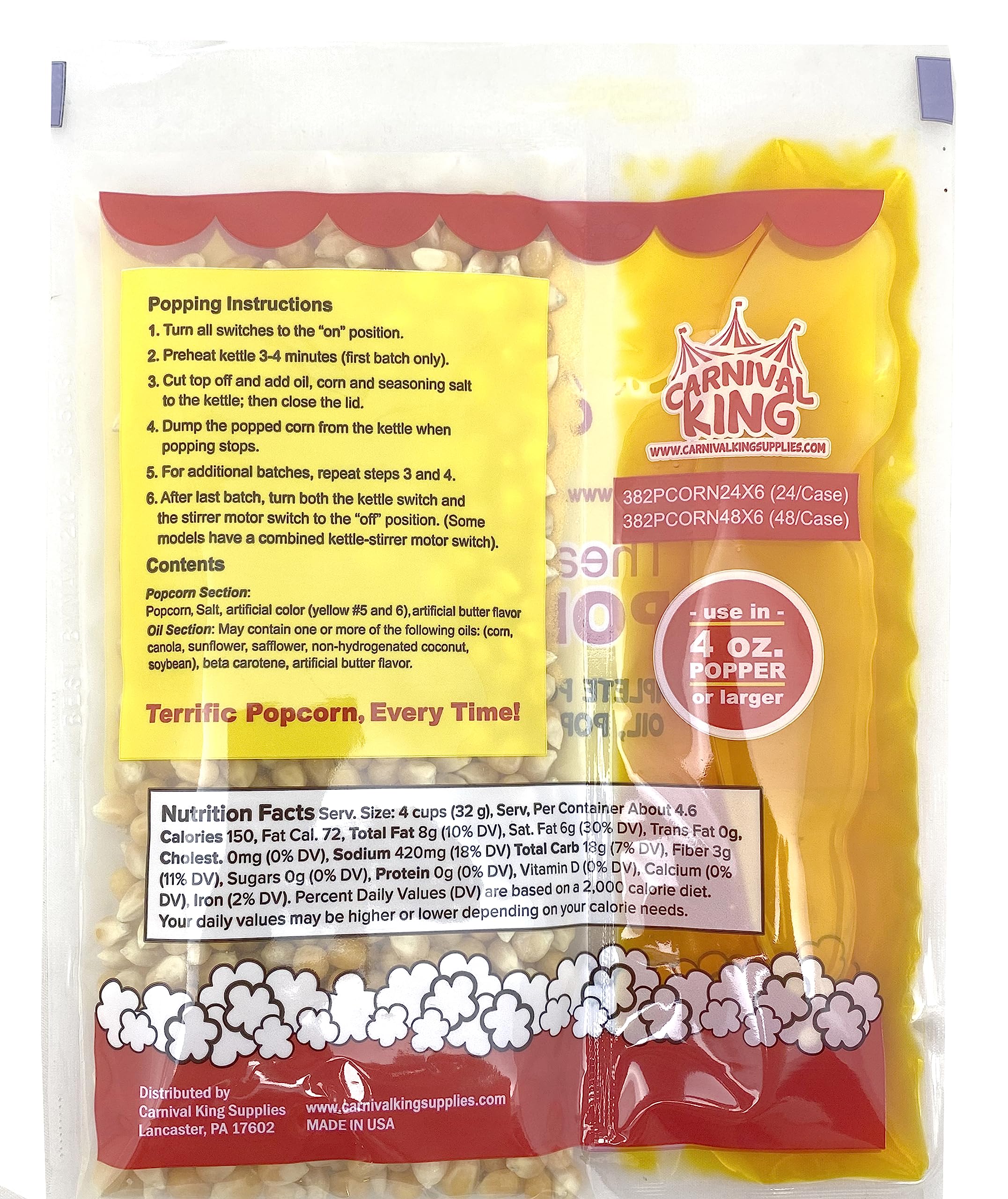 crait Carnival King All-In-One Popcorn Kit for 4 Ounce Popper – 16 Cups of Popped Popcorn Per Packet – Easy to Use Popcorn Portion Packs (5 Pack)