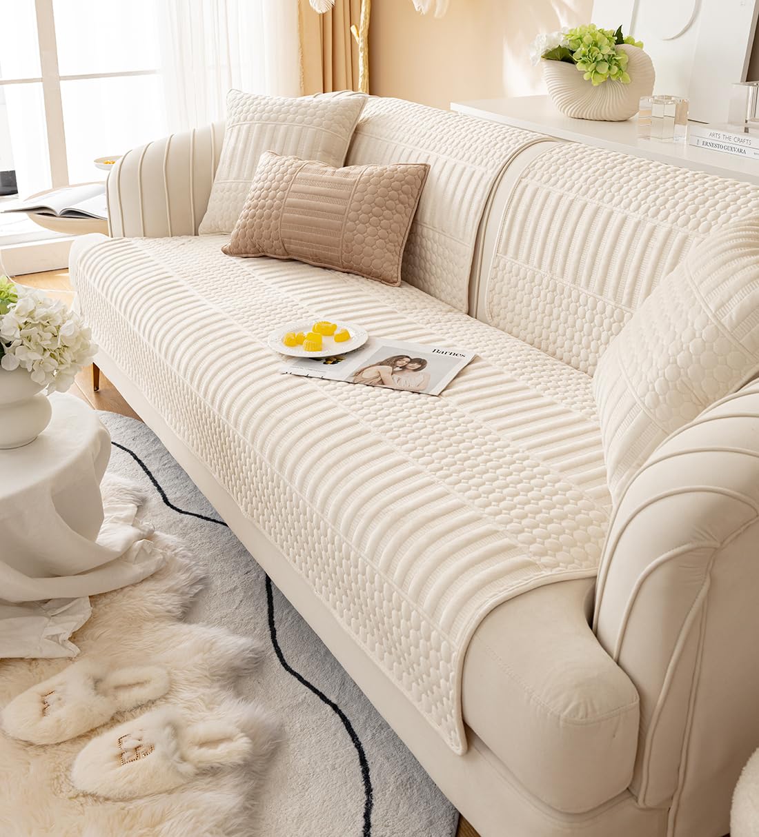 Huierxun Solid Color Quilted Plush Sofa Cover Sofa Slipcover Non-Slip Sectional Couch Covers Anti Cat Scratch Armrest Backrest Recliner Cover (Beige,28''x28'')