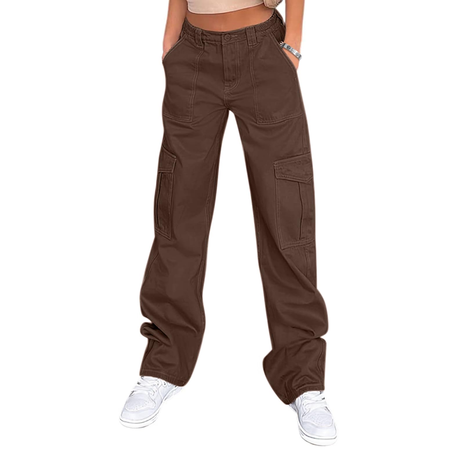 Lepunuo Cargo Pants Women Baggy High Waisted Y2K Wide Leg Boyfriend Streetwear Dark Brown