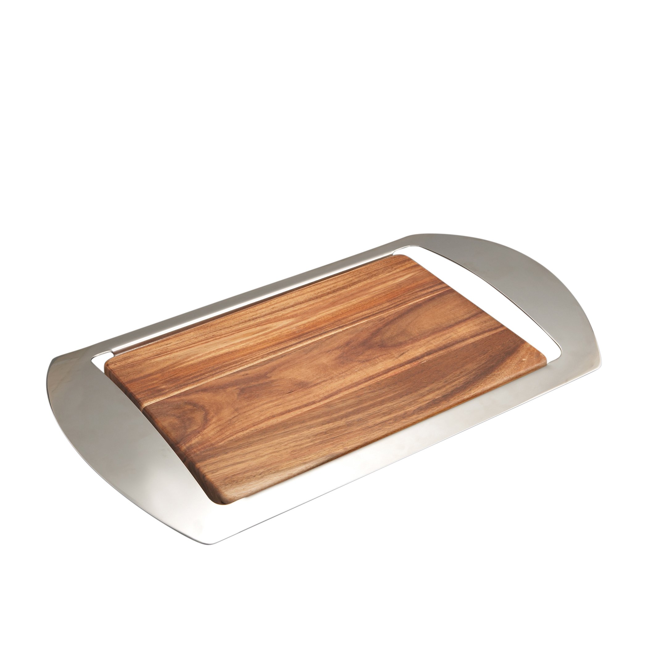 Nambe Mikko Serving and Entertaining Bar Acacia Wood Tray with Stainless Steel Metal Handles - 19in x 10.5in and Tarnish Resistant