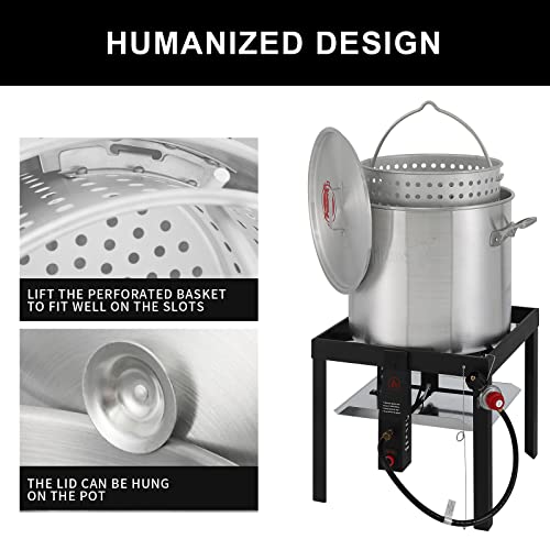 FEASTO 100QT Aluminum Boil Kit with Basket Perfect for Seafood Boiling and Steaming, Outdoor Propane Gas Cooker with Adjustable 0-10 PSI Regulator, Non-Assembly Frame Stand