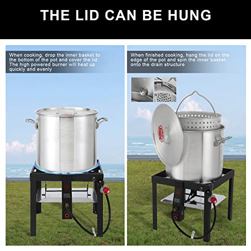 FEASTO 100QT Aluminum Boil Kit with Basket Perfect for Seafood Boiling and Steaming, Outdoor Propane Gas Cooker with Adjustable 0-10 PSI Regulator, Non-Assembly Frame Stand