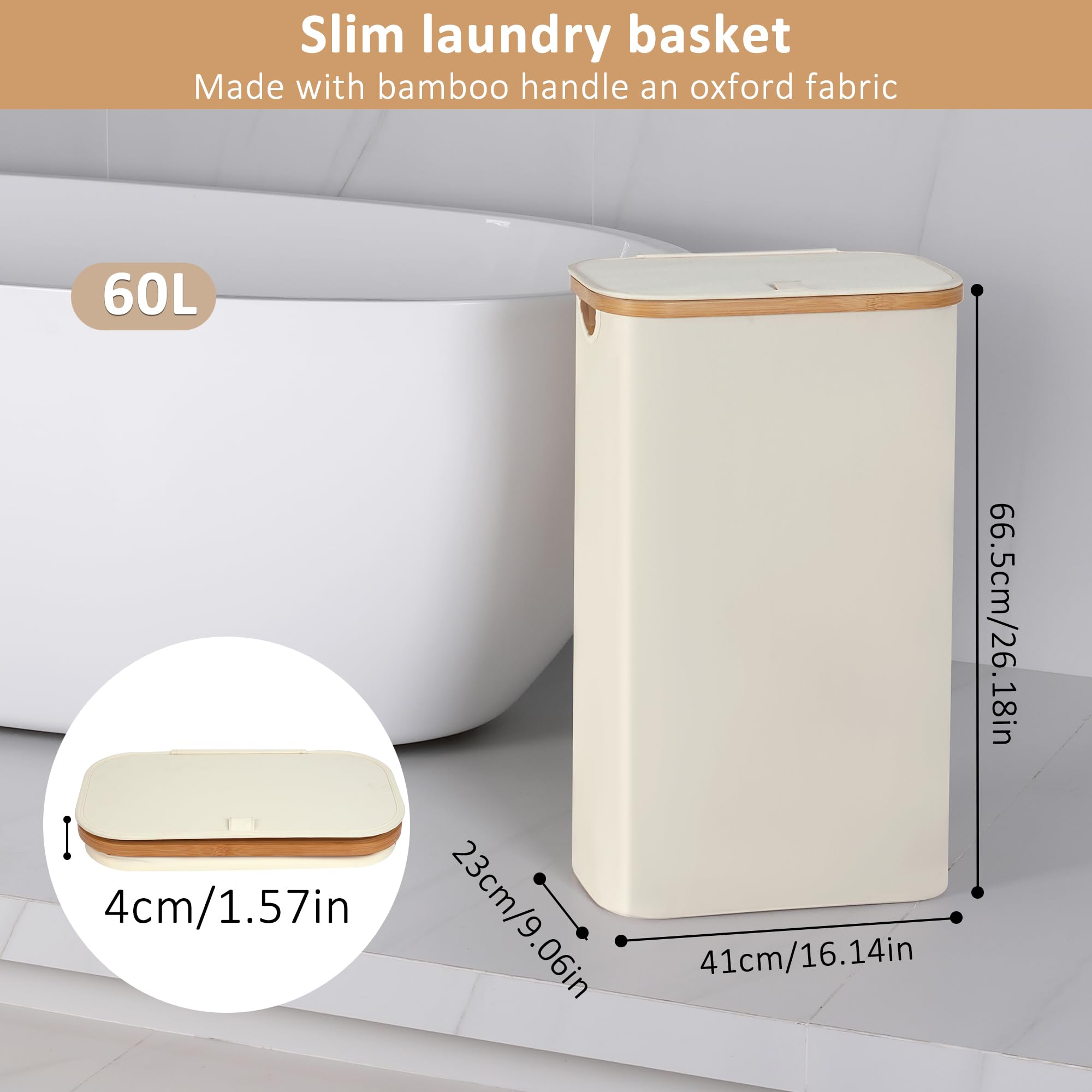 iEGrow Slim Laundry Hamper, Narrow Laundry Basket with Lid,Foldable Clothes Hamper with Bamboo Handles,Hamper Basket with Removable Inner Bag for Laundry Room Bedroom College Dorm,60L Beige