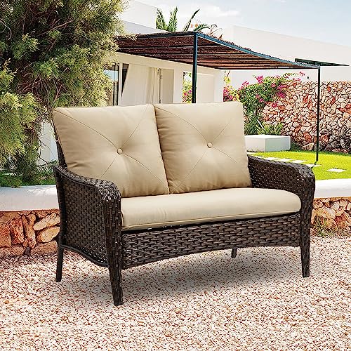 HUMMUH Outdoor Loveseat Sofa,2-Seater PE Wicker Outdoor Couch Porch High Back and Deep Seat Sofa Furniture for Backyard, Deck, Poolside (Brown/Beige)