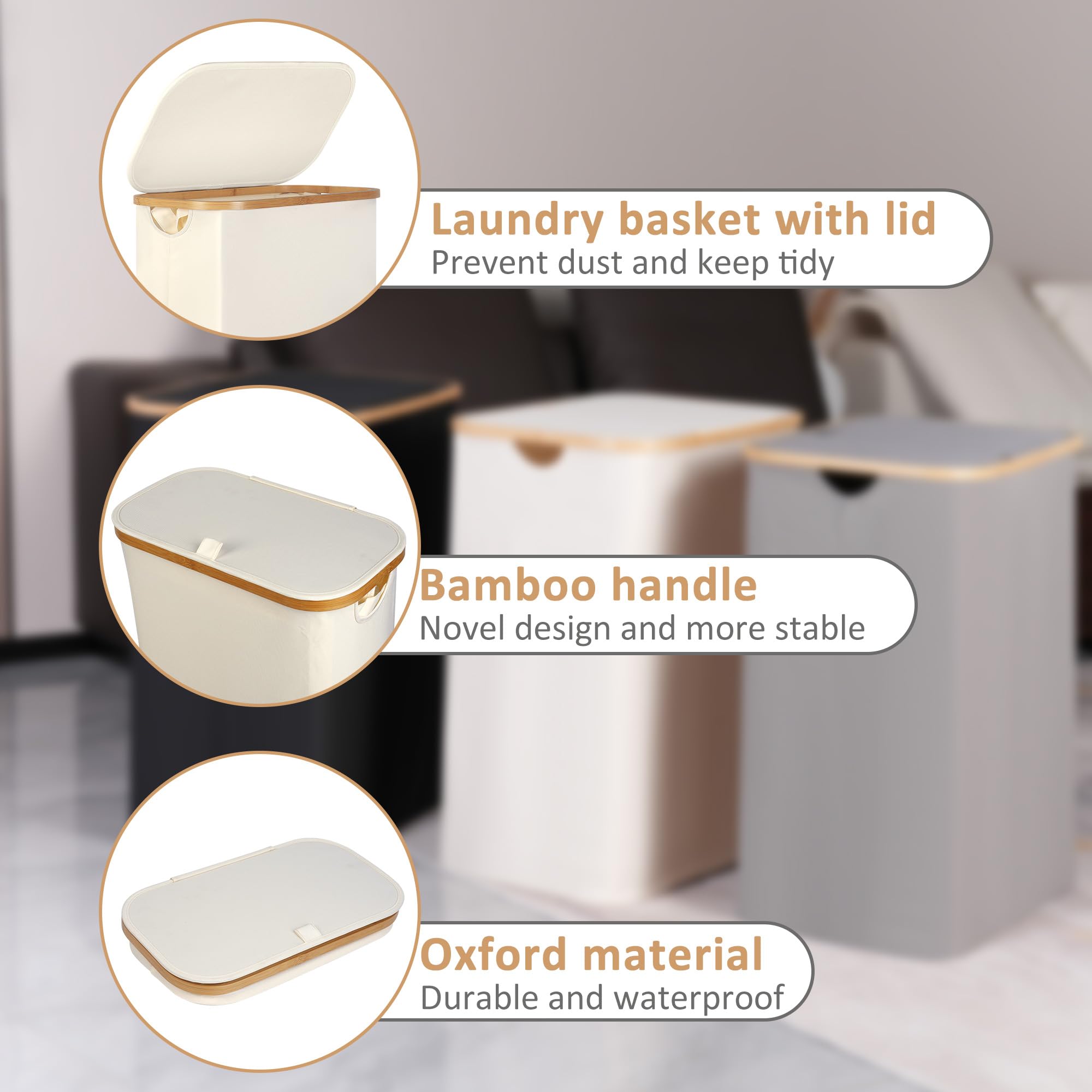 iEGrow Slim Laundry Hamper, Narrow Laundry Basket with Lid,Foldable Clothes Hamper with Bamboo Handles,Hamper Basket with Removable Inner Bag for Laundry Room Bedroom College Dorm,60L Beige