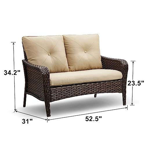 HUMMUH Outdoor Loveseat Sofa,2-Seater PE Wicker Outdoor Couch Porch High Back and Deep Seat Sofa Furniture for Backyard, Deck, Poolside (Brown/Beige)