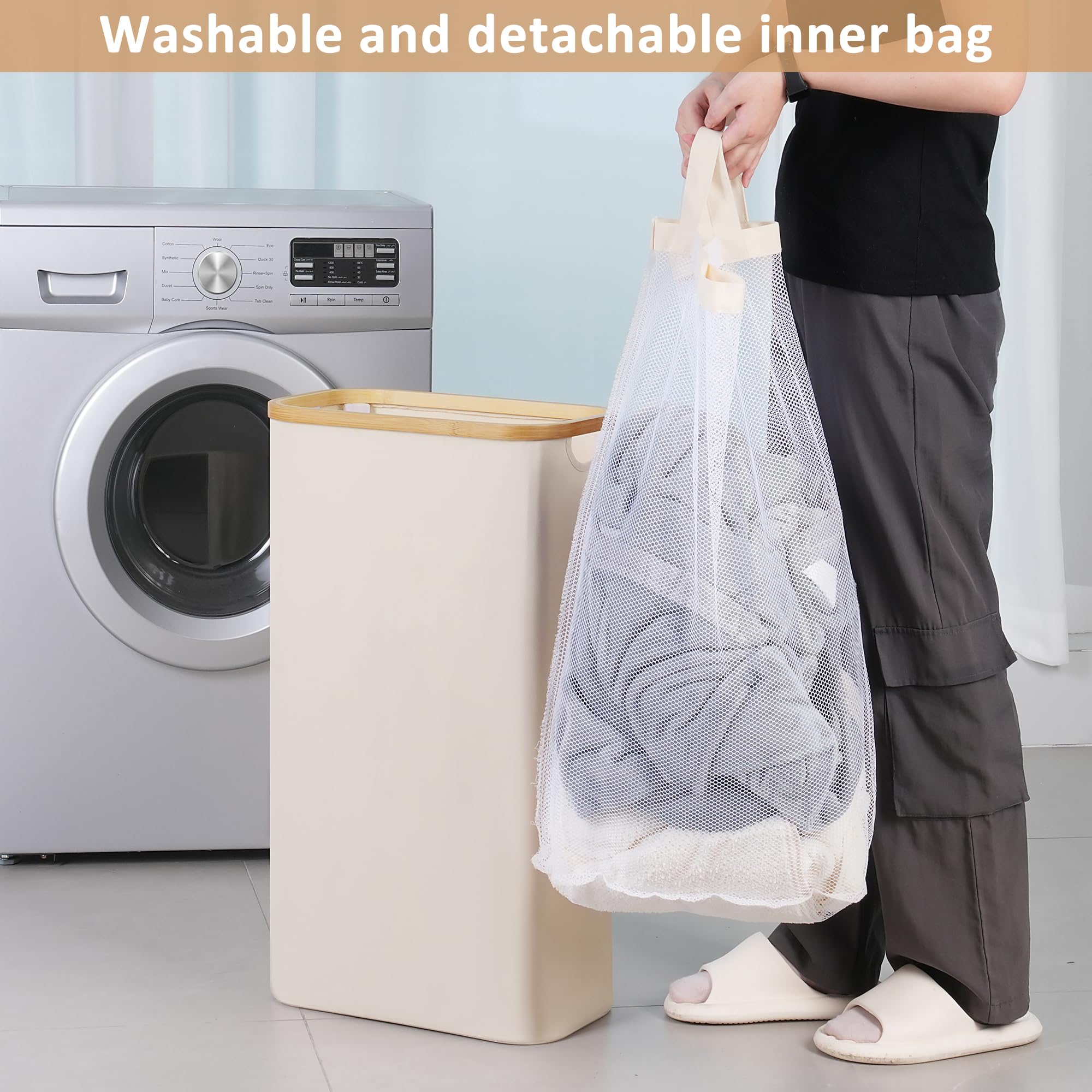 iEGrow Slim Laundry Hamper, Narrow Laundry Basket with Lid,Foldable Clothes Hamper with Bamboo Handles,Hamper Basket with Removable Inner Bag for Laundry Room Bedroom College Dorm,60L Beige