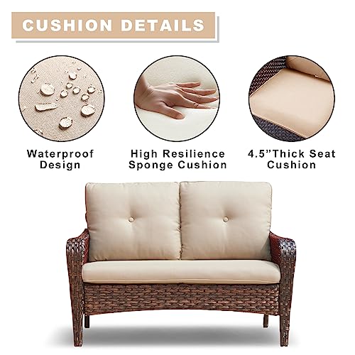 HUMMUH Outdoor Loveseat Sofa,2-Seater PE Wicker Outdoor Couch Porch High Back and Deep Seat Sofa Furniture for Backyard, Deck, Poolside (Brown/Beige)