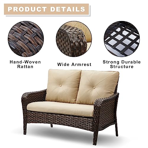HUMMUH Outdoor Loveseat Sofa,2-Seater PE Wicker Outdoor Couch Porch High Back and Deep Seat Sofa Furniture for Backyard, Deck, Poolside (Brown/Beige)